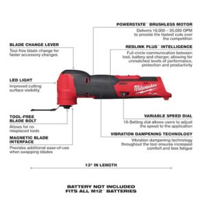 Milwaukee M12 FUEL 12V Lithium-Ion Cordless Oscillating Multi-Tool Kit w/High Output 2.5 Ah Battery, Charger, Accessories & Bag