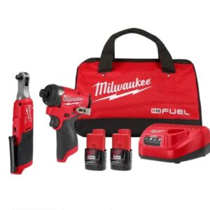 Milwaukee M12 FUEL 12V Lithium-Ion Cordless 3/8 in. Ratchet and 1/4 in. Impact Driver Kit (2-Tool) w/Batteries, Charger & Bag