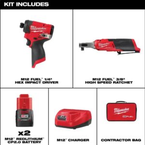 Milwaukee M12 FUEL 12V Lithium-Ion Cordless 3/8 in. Ratchet and 1/4 in. Impact Driver Kit (2-Tool) w/Batteries, Charger & Bag