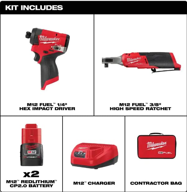 Milwaukee M12 FUEL 12V Lithium-Ion Cordless 3/8 in. Ratchet and 1/4 in. Impact Driver Kit (2-Tool) w/Batteries, Charger & Bag