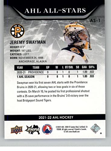 2021-22 Upper Deck AHL All-Stars #AS-1 Jeremy Swayman RC Rookie Providence Bruins Hockey Trading Card