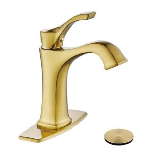 sanliv brushed gold single handle bathroom faucet, deck mount, 1 or 3 hole centerset, solid brass body, ceramic disc cartridge, easy installation, 6-inch deck plate