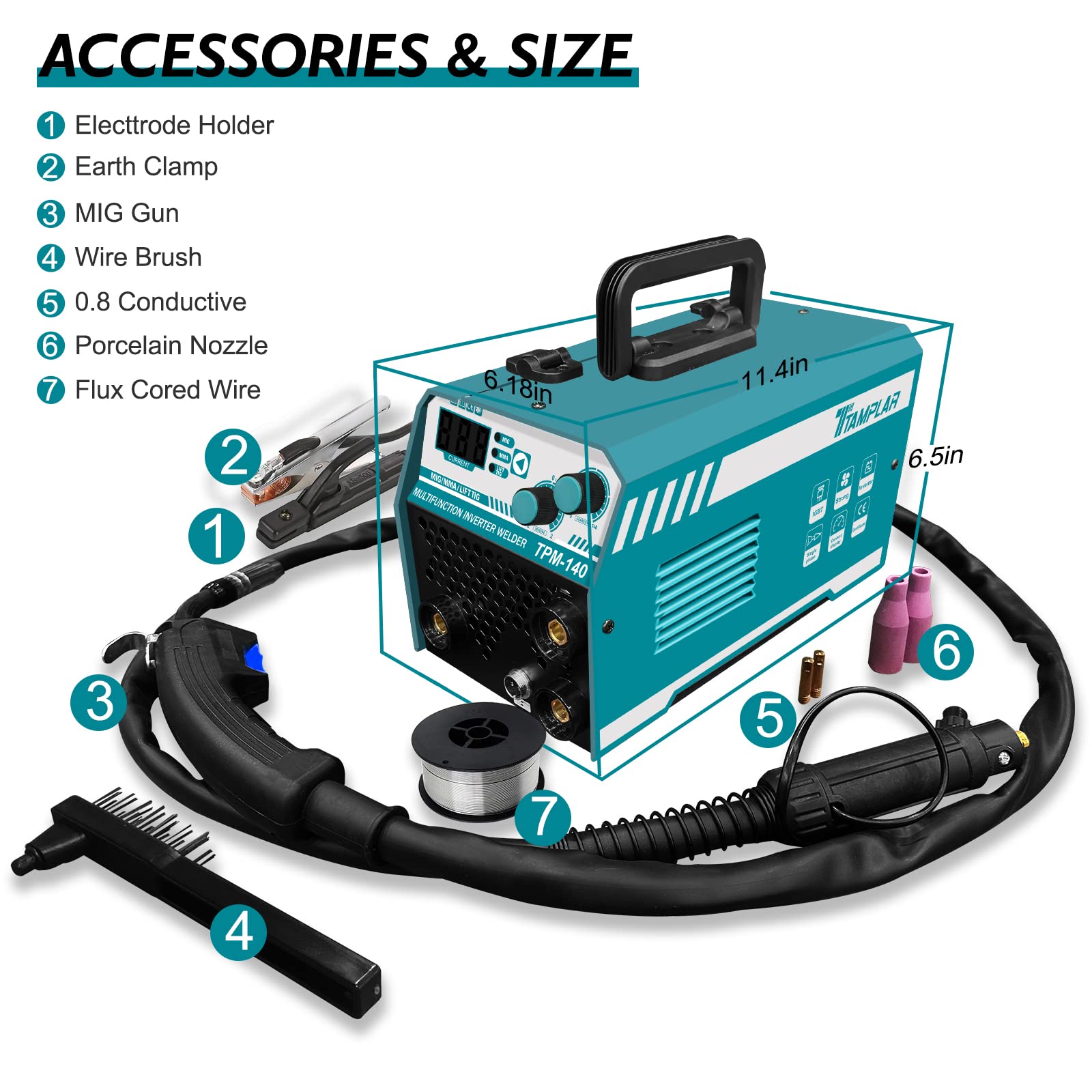 TTAMPLAR 140A MIG Welder Gasless 110V MIG/Stick/Lift TIG Welder 3 in 1 Flux Core Wire Welding Machine No Gas IGBT Inverter (TPM-140)