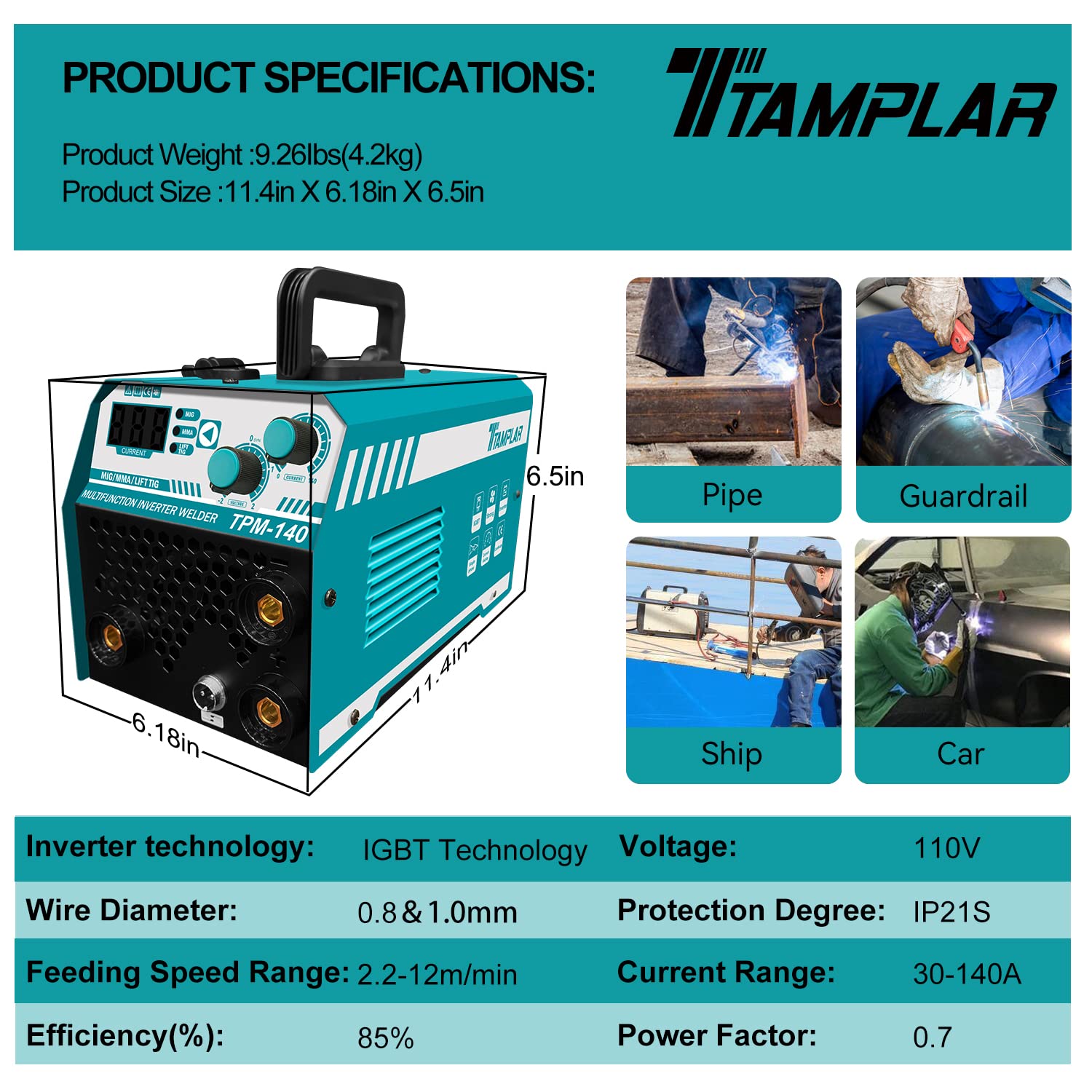 TTAMPLAR 140A MIG Welder Gasless 110V MIG/Stick/Lift TIG Welder 3 in 1 Flux Core Wire Welding Machine No Gas IGBT Inverter (TPM-140)