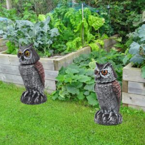 Hedoc 2 Pack Fake Owl Decoys to Scare Birds Away from Gardens and Patios, Rotating Head Owl Bird Deterrents, Nature Enemy Scarecrow Plastic Owl Statues, Pest Repellent, Pigeon Deterrent