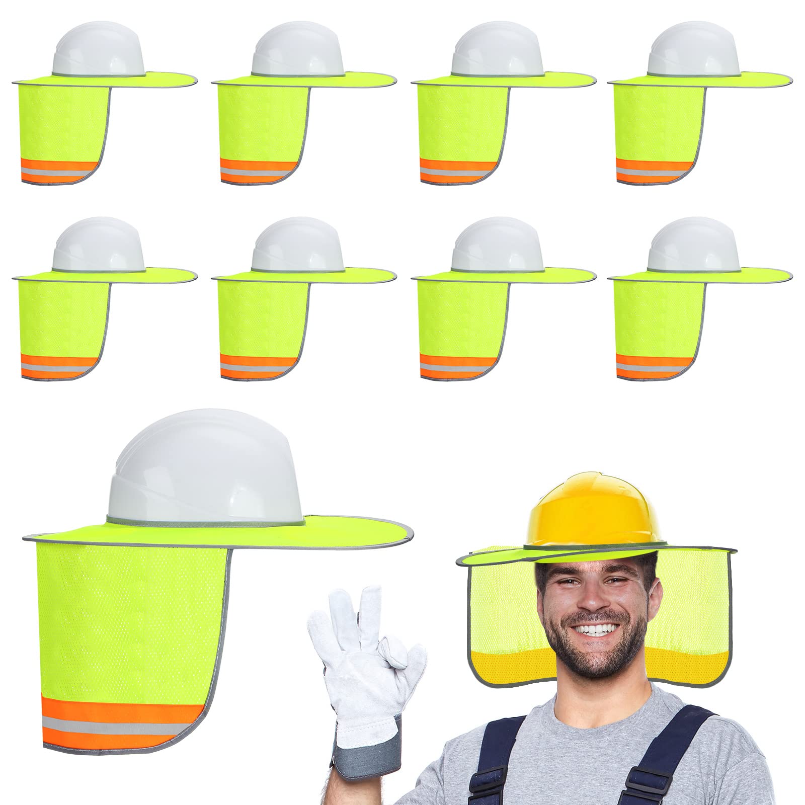 Hard Hat Sun Shade High Visibility Reflective Hard Hat Visor Full Brim Mesh Neck Sunshade Fits Both Cap Hardhats for Outdoor Activities, Neon Yellow (10 Pcs)