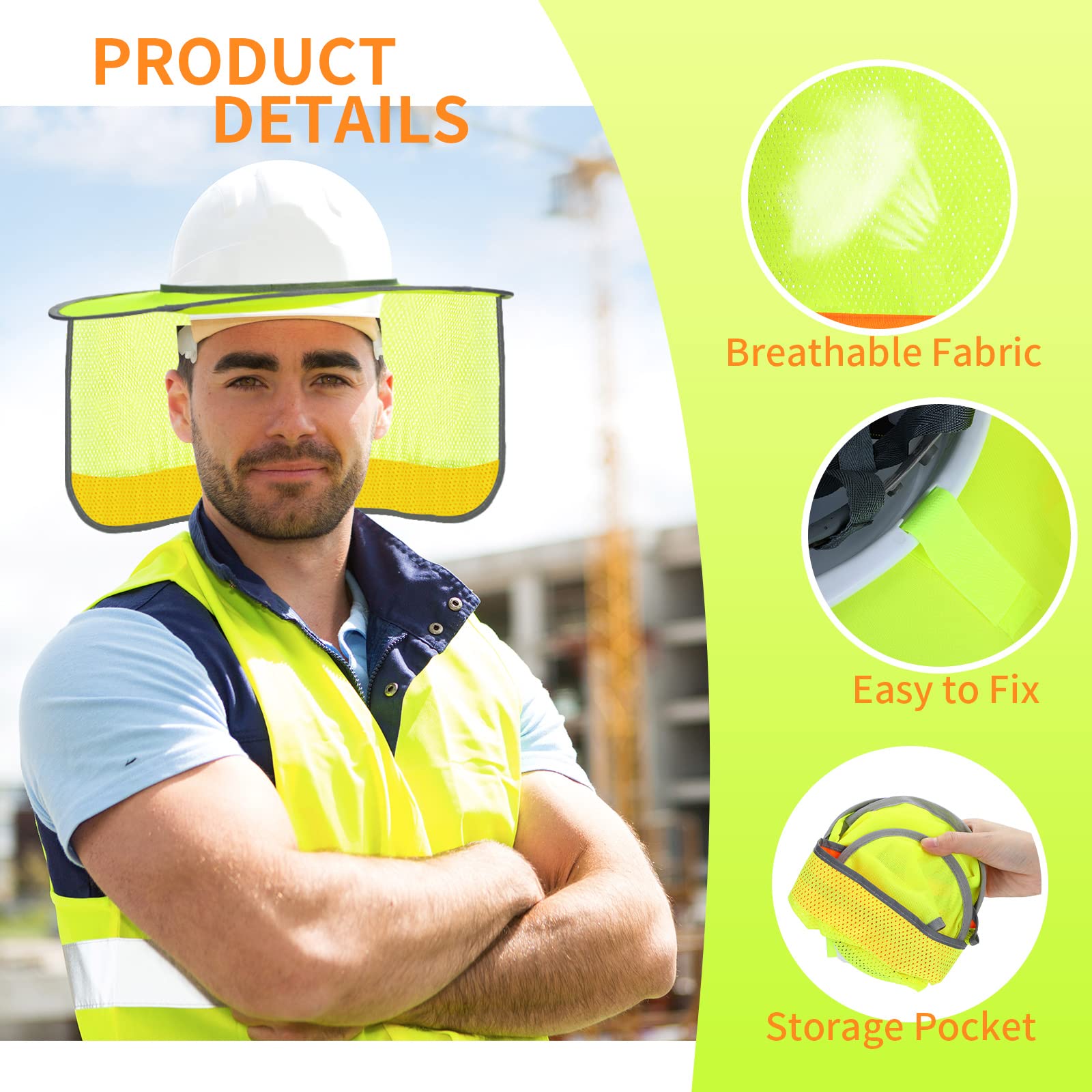 Hard Hat Sun Shade High Visibility Reflective Hard Hat Visor Full Brim Mesh Neck Sunshade Fits Both Cap Hardhats for Outdoor Activities, Neon Yellow (10 Pcs)