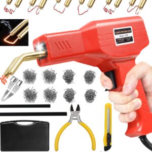 150w plastic welder,plastic welding kit with 800pcs hot staples,2pcs pp plastic welding rods,knife,plier, plastic welding machine plastic repair kit for car bumper crack repair tools(red)