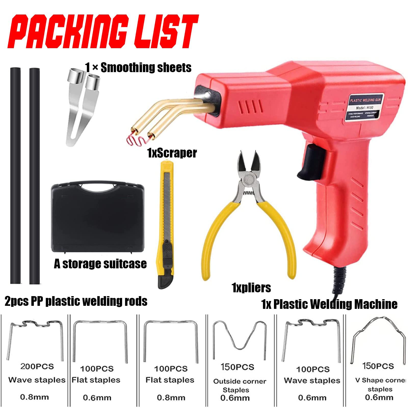 150W Plastic Welder,Plastic Welding Kit with 800pcs Hot Staples,2pcs pp Plastic Welding Rods,knife,Plier, Plastic Welding Machine Plastic Repair Kit for Car Bumper Crack Repair Tools(Red)