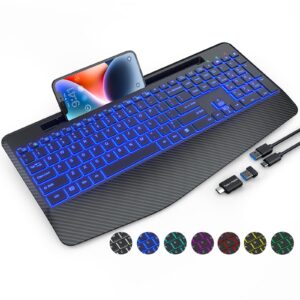 sablute wireless keyboard with 7 colored backlits, wrist rest, 2.4g computer gaming keyboard with phone holder, rechargeable full size ergonomic keyboard with silent keys for macbook, pc, laptop