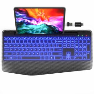 SABLUTE Wireless Keyboard with 7 Colored Backlits, Wrist Rest, 2.4G Computer Gaming Keyboard with Phone Holder, Rechargeable Full Size Ergonomic Keyboard with Silent Keys for MacBook, PC, Laptop