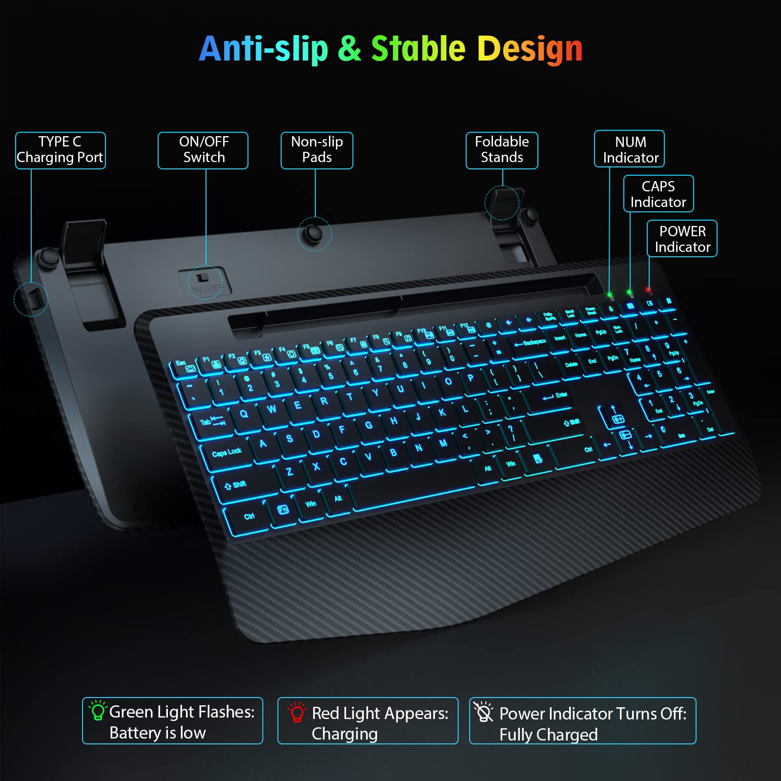 SABLUTE Wireless Keyboard with 7 Colored Backlits, Wrist Rest, 2.4G Computer Gaming Keyboard with Phone Holder, Rechargeable Full Size Ergonomic Keyboard with Silent Keys for MacBook, PC, Laptop