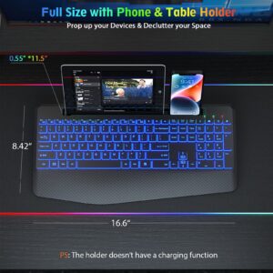 SABLUTE Wireless Keyboard with 7 Colored Backlits, Wrist Rest, 2.4G Computer Gaming Keyboard with Phone Holder, Rechargeable Full Size Ergonomic Keyboard with Silent Keys for MacBook, PC, Laptop