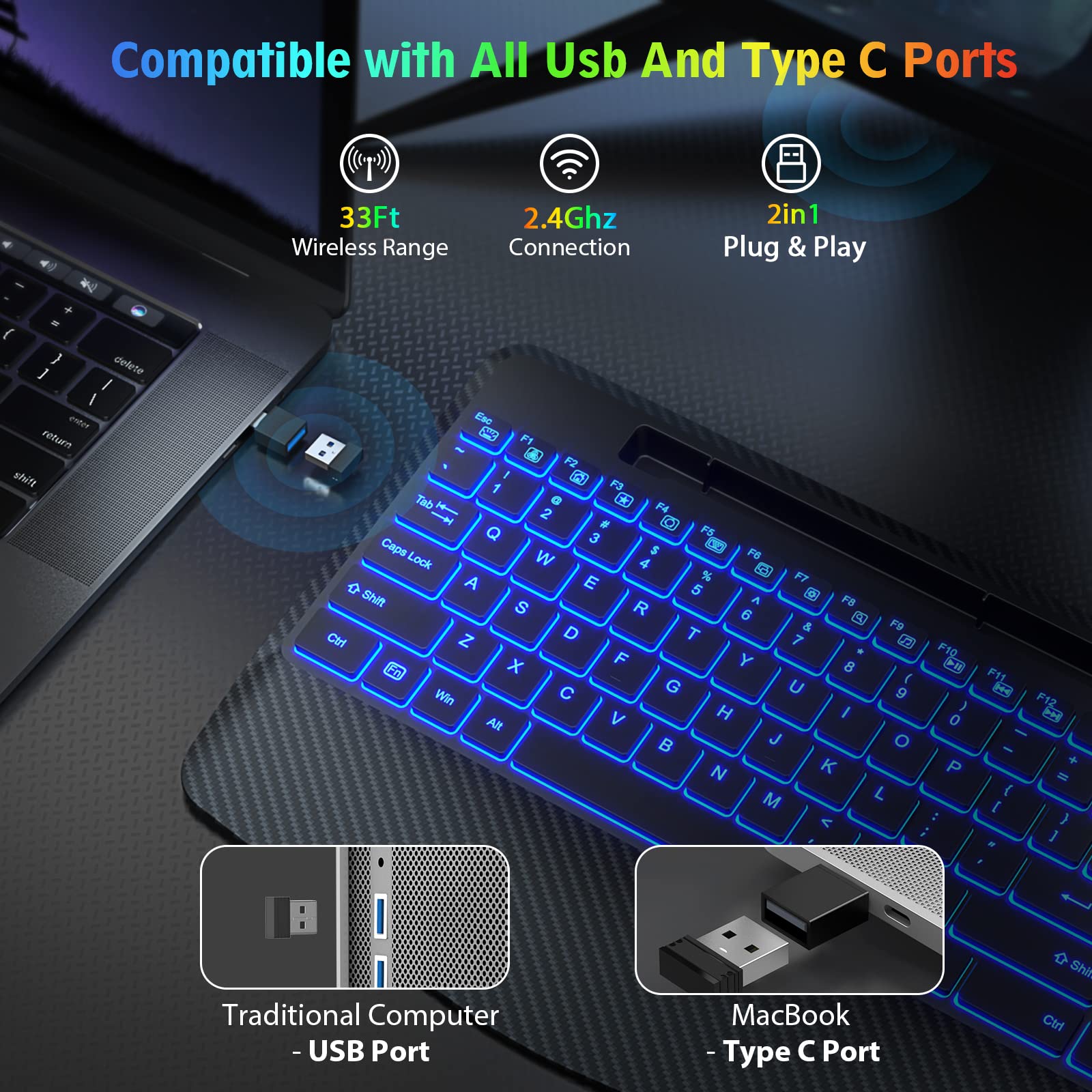 SABLUTE Wireless Keyboard with 7 Colored Backlits, Wrist Rest, 2.4G Computer Gaming Keyboard with Phone Holder, Rechargeable Full Size Ergonomic Keyboard with Silent Keys for MacBook, PC, Laptop