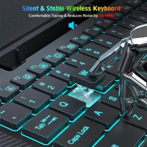 SABLUTE Wireless Keyboard with 7 Colored Backlits, Wrist Rest, 2.4G Computer Gaming Keyboard with Phone Holder, Rechargeable Full Size Ergonomic Keyboard with Silent Keys for MacBook, PC, Laptop