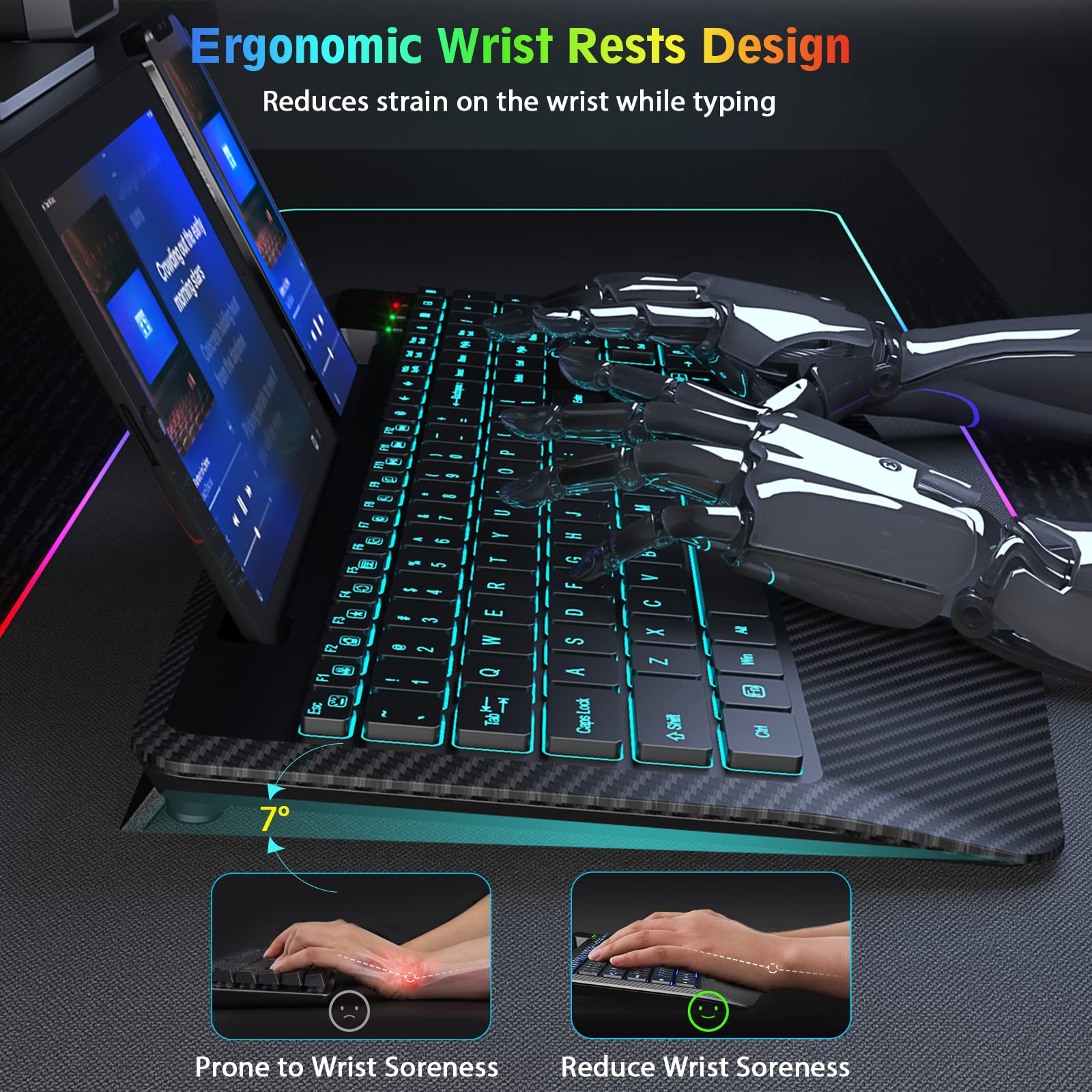 SABLUTE Wireless Keyboard with 7 Colored Backlits, Wrist Rest, 2.4G Computer Gaming Keyboard with Phone Holder, Rechargeable Full Size Ergonomic Keyboard with Silent Keys for MacBook, PC, Laptop