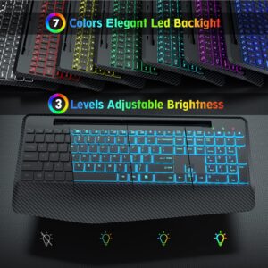 SABLUTE Wireless Keyboard with 7 Colored Backlits, Wrist Rest, 2.4G Computer Gaming Keyboard with Phone Holder, Rechargeable Full Size Ergonomic Keyboard with Silent Keys for MacBook, PC, Laptop