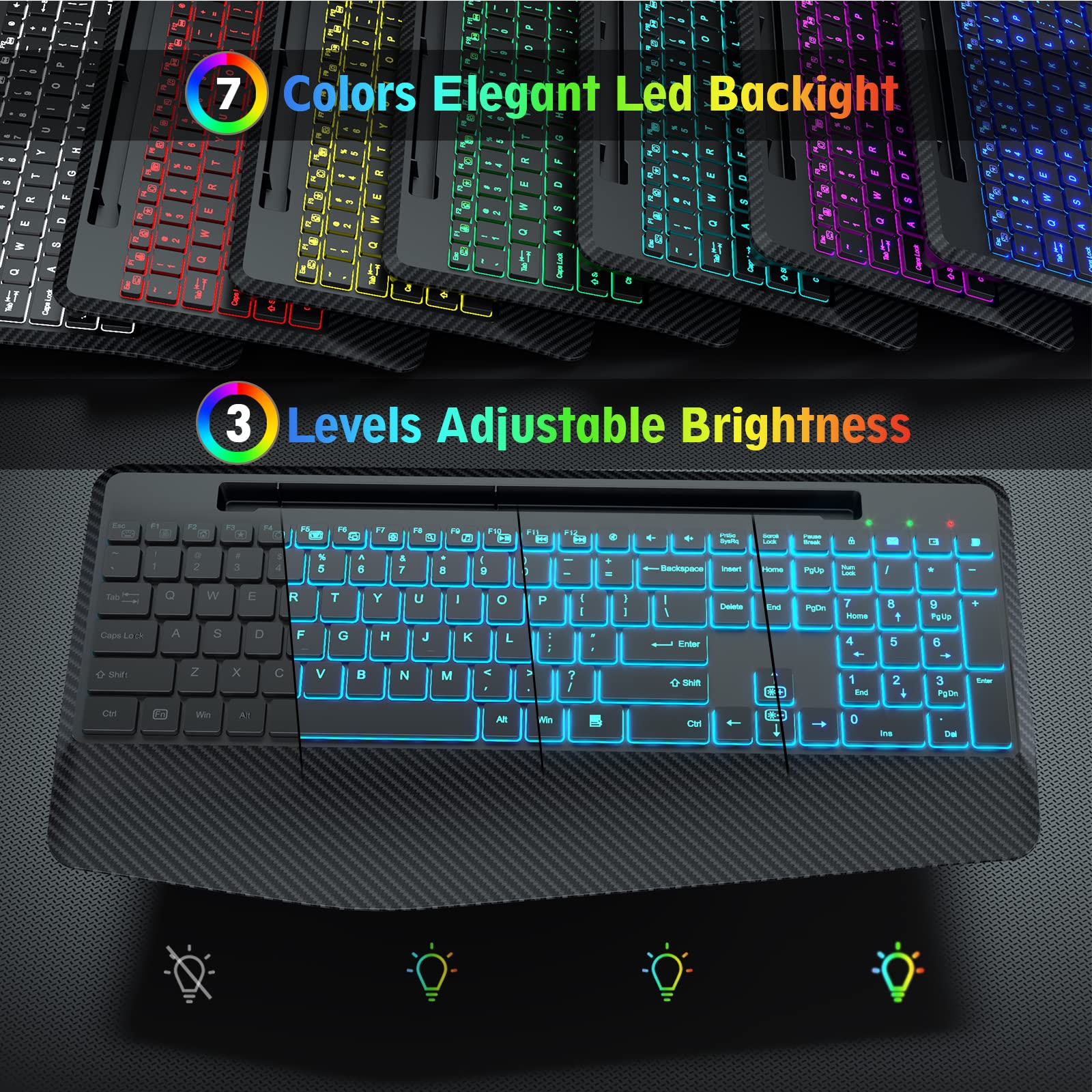 SABLUTE Wireless Keyboard with 7 Colored Backlits, Wrist Rest, 2.4G Computer Gaming Keyboard with Phone Holder, Rechargeable Full Size Ergonomic Keyboard with Silent Keys for MacBook, PC, Laptop