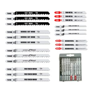 foxbc jigsaw blades for dewalt dcs334b dw3742c, bosch js260 js470e, makita xvj03z, ryobi for wood metal - 21 pack with case