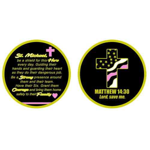 GL7-003 Thin Pink Line Breast Cancer Awareness Survivor Prayer Saint Michael Protect Us Matthew 14:30 Challenge Coin