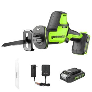 greenworks 24v brushless 1" compact one-handed reciprocating saw (3,000 spm), cordless powered variable speed recip saw, 2.0ah battery and compact charger included,‎ rsg404