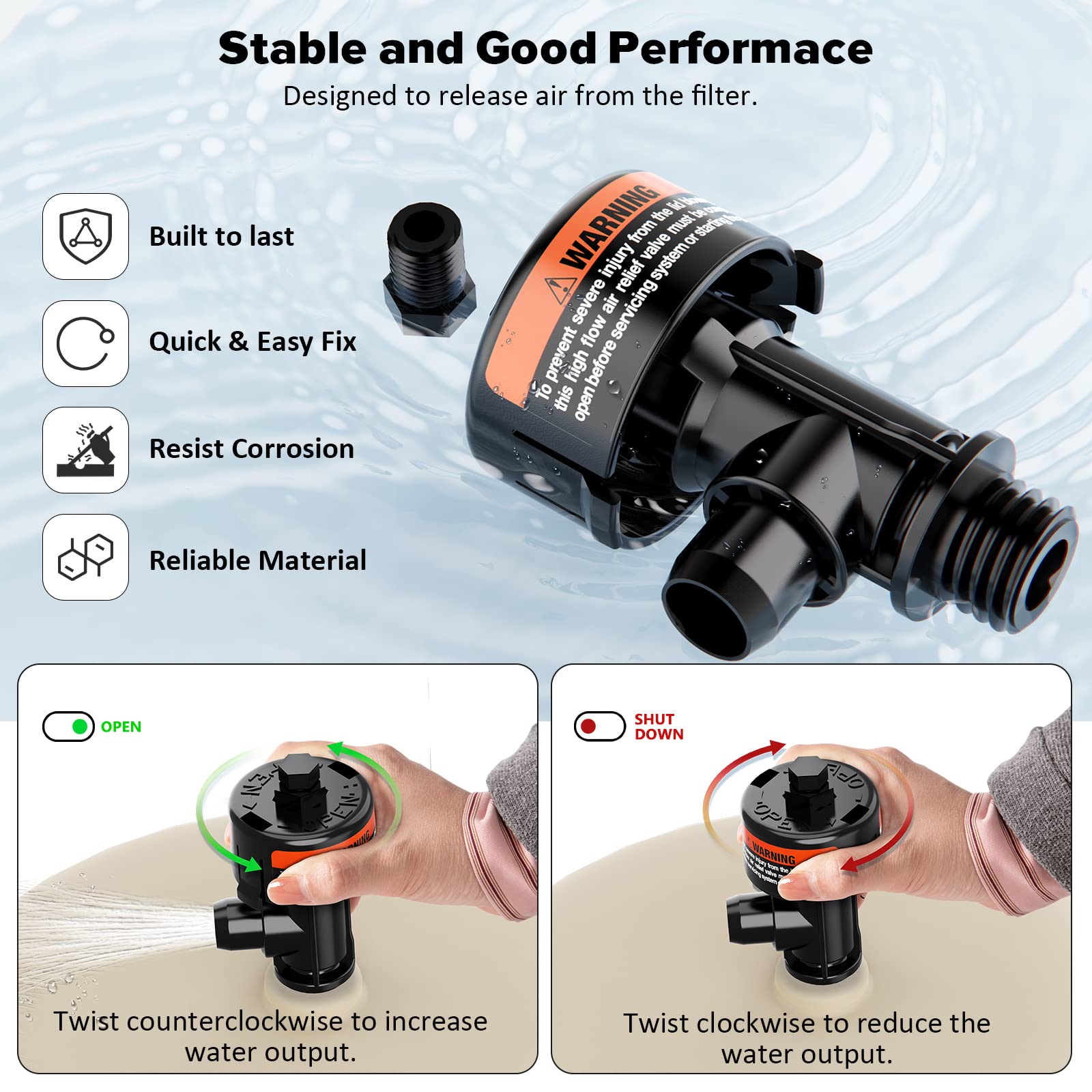 High Flow Manual Air Relief Valve Replacement for Pool and Spa Filters, Pool Filter Air Relief Valve, Air Relief Valve for Pool Filter, Includes Relief Valve, Gauge Plug, O-rings.