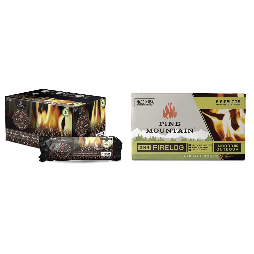 Pine Mountain Java-Log Firelog Made from Recycled Coffee Grounds (4-Hour Burn Time, 4 Logs) and Pine Mountain 2HR Trad Fire Logs (6 Logs, 2-Hour Burn Time)