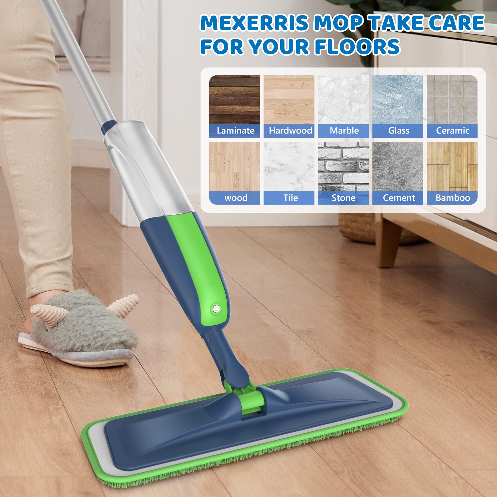 Spray Mops with 5 Mop Pads 2 Refillable Bottle - MEXERRIS Wet Dust Mops for Floor Cleaning Microfiber Hardwood Floor Cleaning Mop with Spray Dry Mops Flat Mops for Laminate Wood Ceramic Floor Cleaning