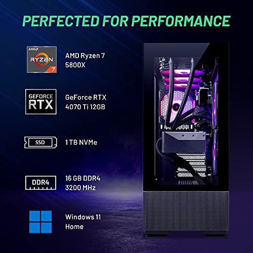 Skytech Gaming Azure Gaming PC Desktop – AMD Ryzen 7 5800X 3.8 GHz, NVIDIA RTX 4070 Ti, 1TB NVME SSD, 16GB DDR4 RAM 3200, 850W Gold PSU, 360mm AIO, 11AC Wi-Fi, Windows 11 Home 64-bit