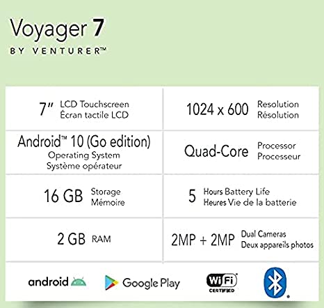 Venturer 7 Inch Voyager 16GB Storage 2GB RAM Bluetooth WiFi Dual Cameras Android 10 Tablet (Renewed)