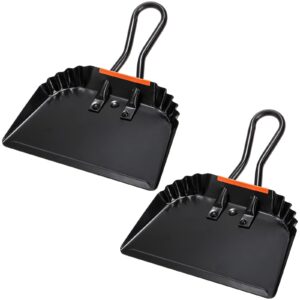 topzea 2 pack black metal dustpan, 12 inch heavy duty steel dust pan with handle handheld dustpan wide scooper for indoor, outdoor, fireplace, industrial and commercial use