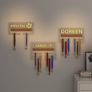 personalised light up medal hanger display, ammonite holder rack for awards or ribbons, personalized sports themed ribbon holder for wall, tiered award rack (customize)