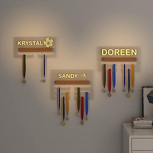 Personalised Light up Medal Hanger Display, Ammonite Holder Rack for Awards or Ribbons, Personalized Sports Themed Ribbon Holder for Wall, Tiered Award Rack (Customize)