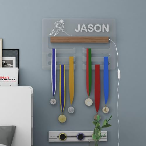 Personalised Light up Medal Hanger Display, Ammonite Holder Rack for Awards or Ribbons, Personalized Sports Themed Ribbon Holder for Wall, Tiered Award Rack (Customize)