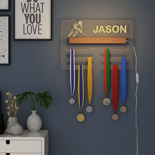 Personalised Light up Medal Hanger Display, Ammonite Holder Rack for Awards or Ribbons, Personalized Sports Themed Ribbon Holder for Wall, Tiered Award Rack (Customize)