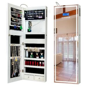 kedlan upgraded jewelry organizer with bluetooth speaker, wall/door mounted jewelry armoire, full length lighted mirror with jewelry cabinet,jewelry box with time and temperature display