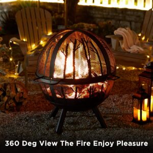 PaPaJet 35 inch Flaming Ball Fire Pit for Outside, Bonfire Wood Burning Fire Pit with Spark Screen, Tree Pattern for Patio Backyard Garden