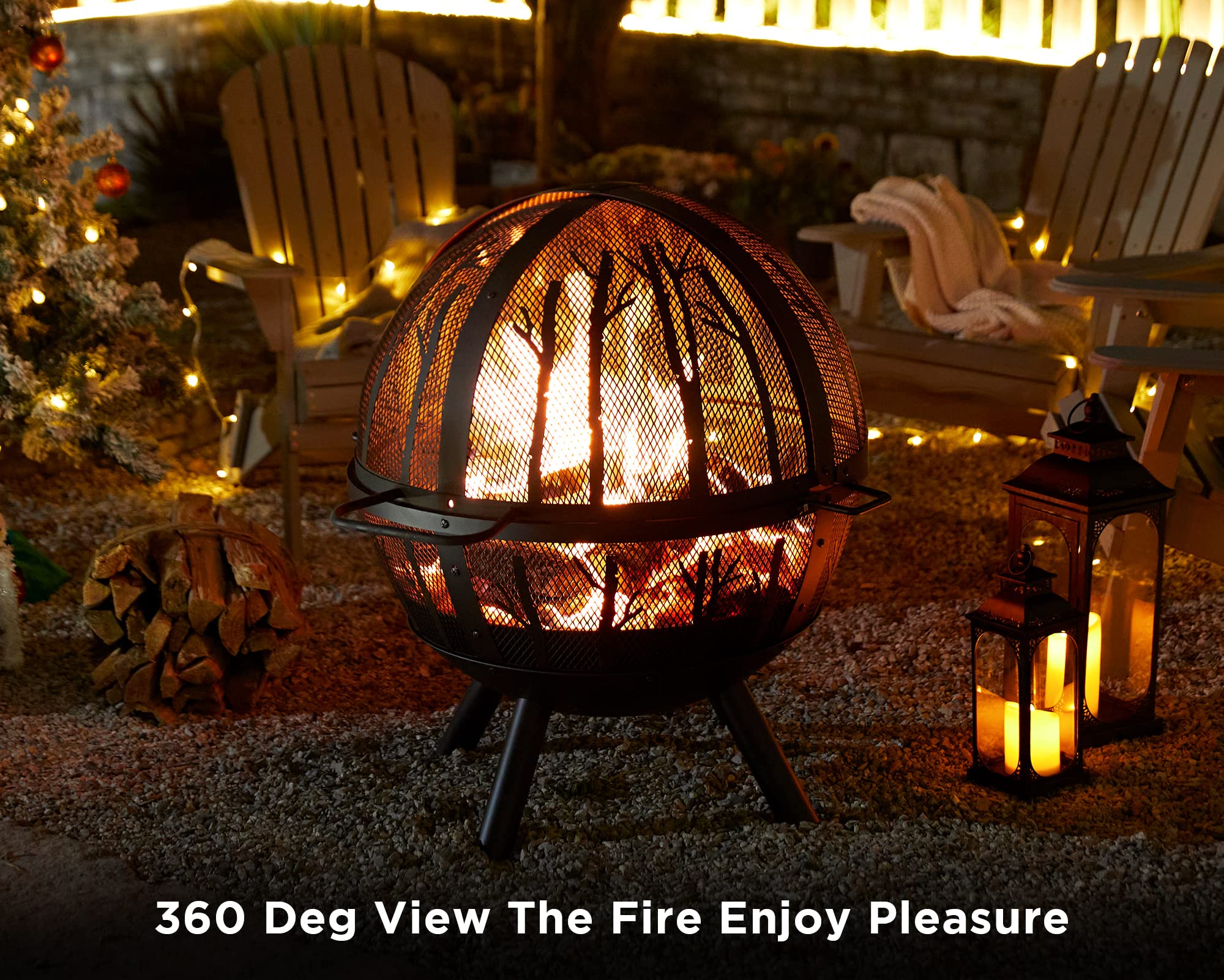 PaPaJet 35 inch Flaming Ball Fire Pit for Outside, Bonfire Wood Burning Fire Pit with Spark Screen, Tree Pattern for Patio Backyard Garden