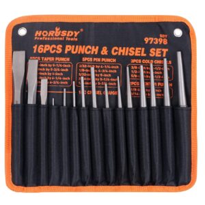 horusdy 16-piece punch and chisel set, including taper punch, cold chisels, pin punch, center punch