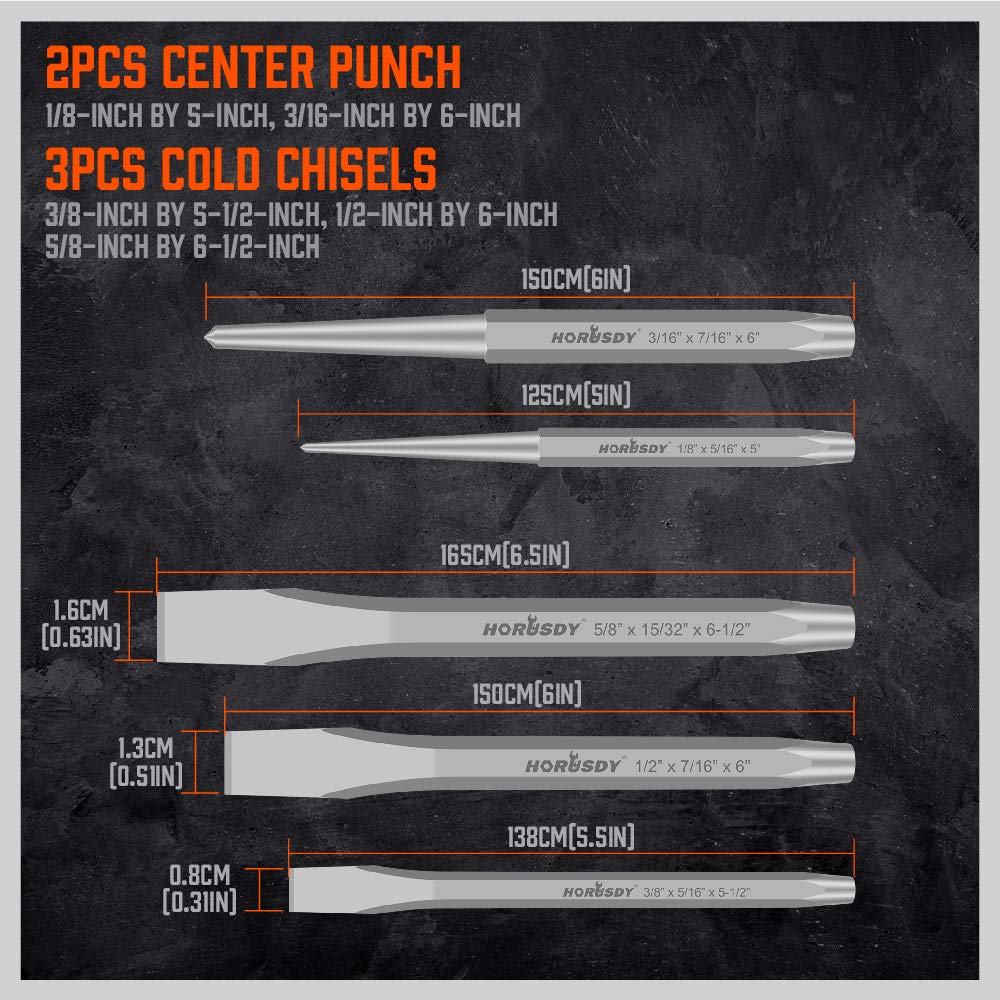 HORUSDY 16-Piece Punch and Chisel Set, Including Taper Punch, Cold Chisels, Pin Punch, Center Punch