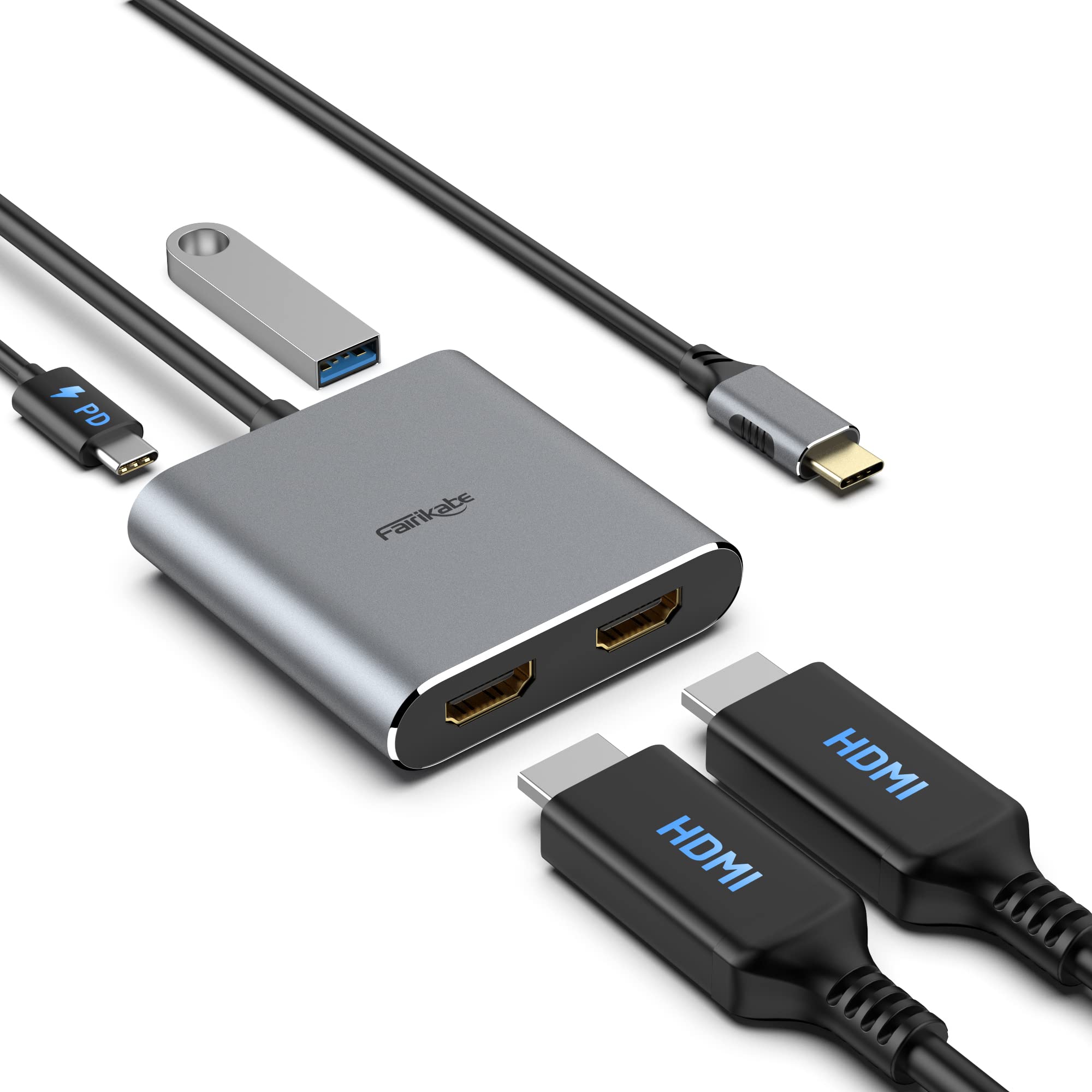 fairikabe USB C to HDMI Adapter Dual 4K@60Hz, 4 in 1 USB C to HDMI Converter with 100W PD Charging USB 3.0, USB C to HDMI Splitter Extended Display Compatible Thunderbolt 3/4