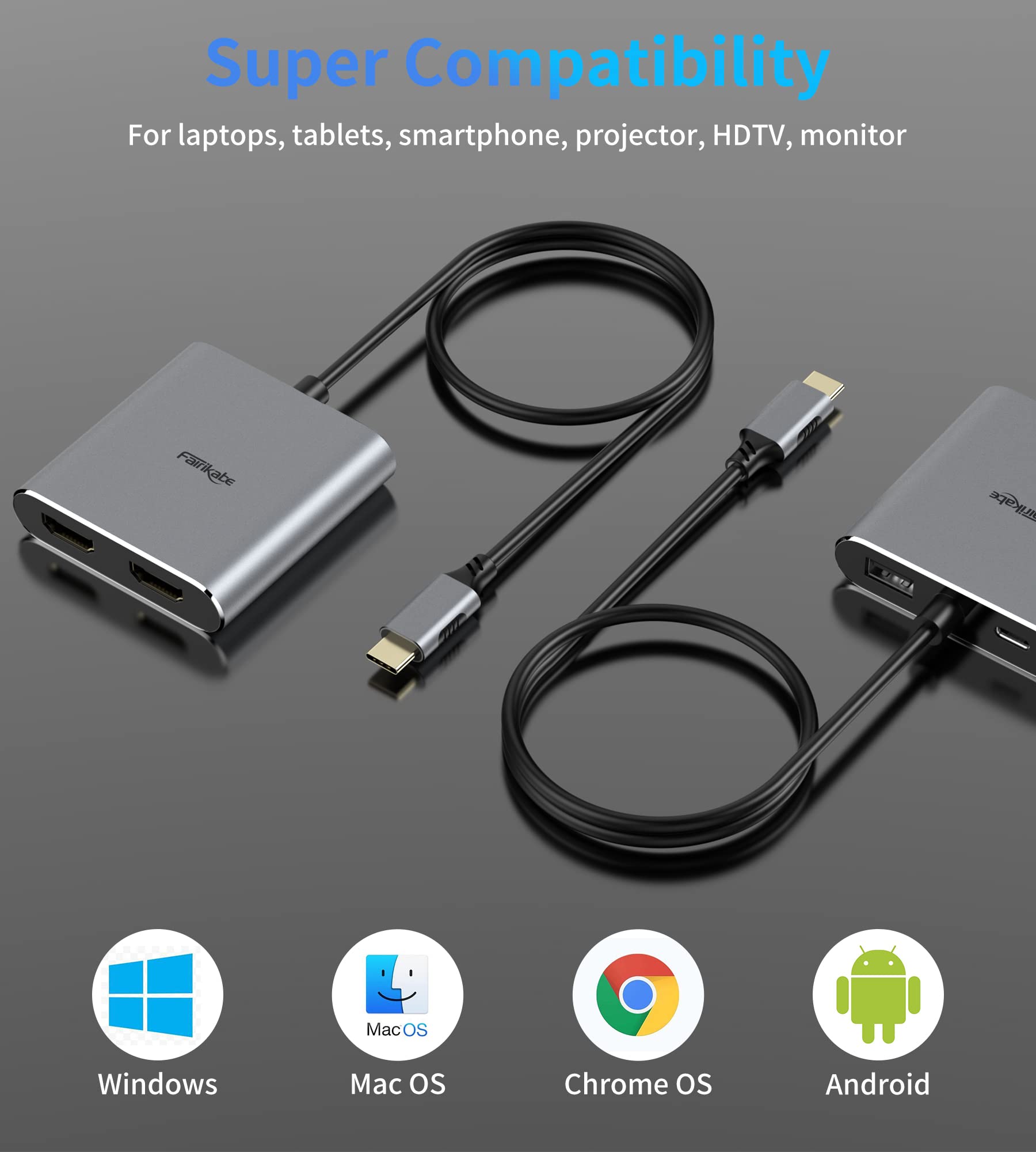 fairikabe USB C to HDMI Adapter Dual 4K@60Hz, 4 in 1 USB C to HDMI Converter with 100W PD Charging USB 3.0, USB C to HDMI Splitter Extended Display Compatible Thunderbolt 3/4