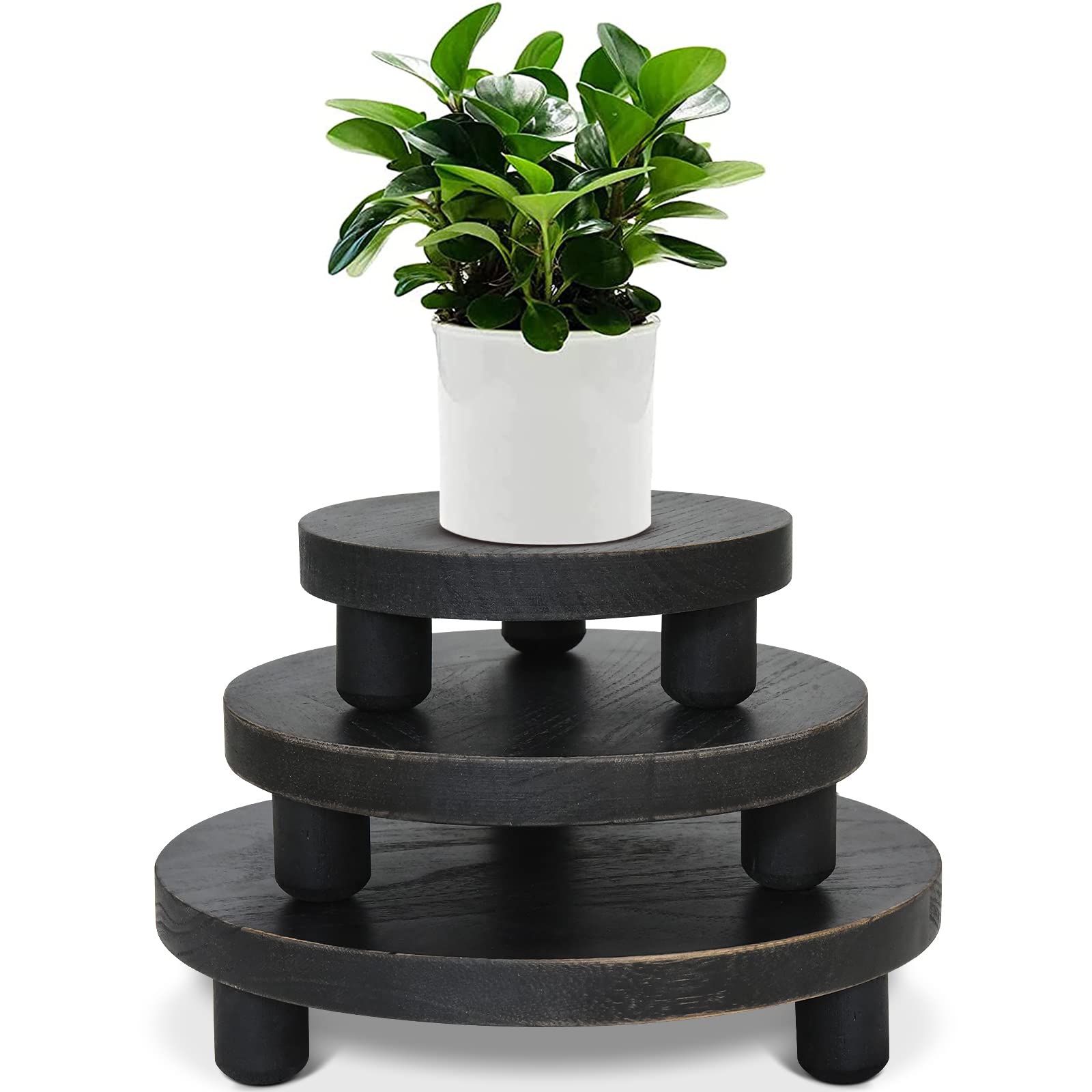 3 Packs Wooden Plant Stool, Wooden Plant Stand, Round Decorative Flower Shelf Plant Pot Riser Holder, Pot Flower Pedestal Riser Holder with Wood Legs for Indoor Outdoor Home Patio Decoration (Black)