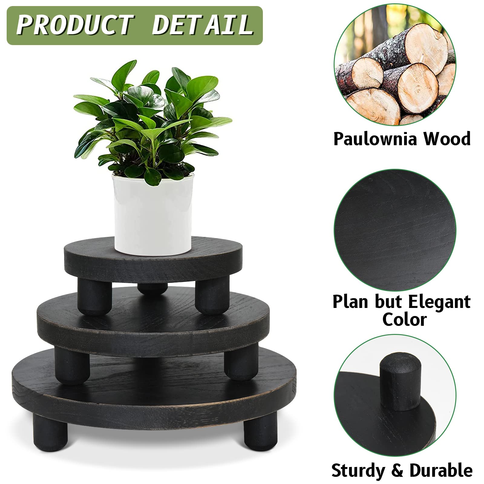 3 Packs Wooden Plant Stool, Wooden Plant Stand, Round Decorative Flower Shelf Plant Pot Riser Holder, Pot Flower Pedestal Riser Holder with Wood Legs for Indoor Outdoor Home Patio Decoration (Black)