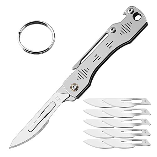 ITOKEY Pocket Knife for Men, Scalpel Knife with Clip, EDC Utility knife, Slim Razor Knife with 10pcs #23 Replaceable Blades, Bottle Opener, Surgical Keychain Knives for Outdoor Skinning (#23 sliver)