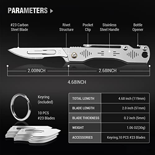 ITOKEY Pocket Knife for Men, Scalpel Knife with Clip, EDC Utility knife, Slim Razor Knife with 10pcs #23 Replaceable Blades, Bottle Opener, Surgical Keychain Knives for Outdoor Skinning (#23 sliver)