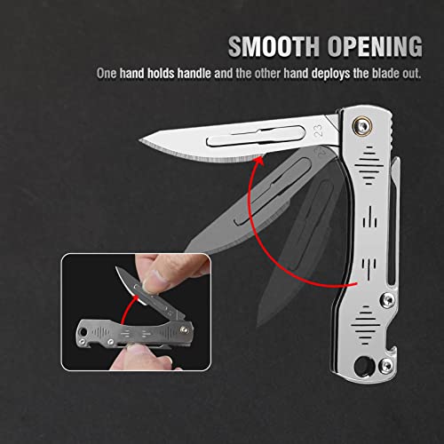 ITOKEY Pocket Knife for Men, Scalpel Knife with Clip, EDC Utility knife, Slim Razor Knife with 10pcs #23 Replaceable Blades, Bottle Opener, Surgical Keychain Knives for Outdoor Skinning (#23 sliver)