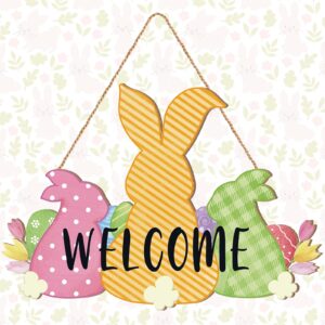 kathfly hello spring easter door sign spring summer welcome hanging sign colorful door decor spring hanger for front door rustic wood wall hanging sign spring decorations for outdoor indoor (bunny)