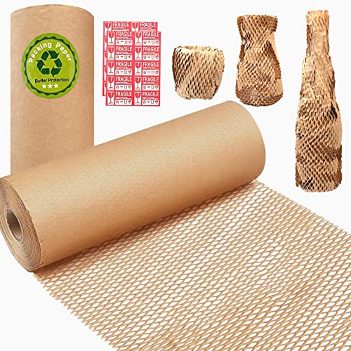 Honeycomb Packing Paper, HONSREO 15 Inches x 230 Feet Eco Friendly Recyclable Cushioning Material, Bubble Wrap for Moving Shipping Breakable Supplies with 20 Fragile Sticker Lables (Brown)