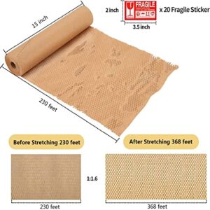 Honeycomb Packing Paper, HONSREO 15 Inches x 230 Feet Eco Friendly Recyclable Cushioning Material, Bubble Wrap for Moving Shipping Breakable Supplies with 20 Fragile Sticker Lables (Brown)